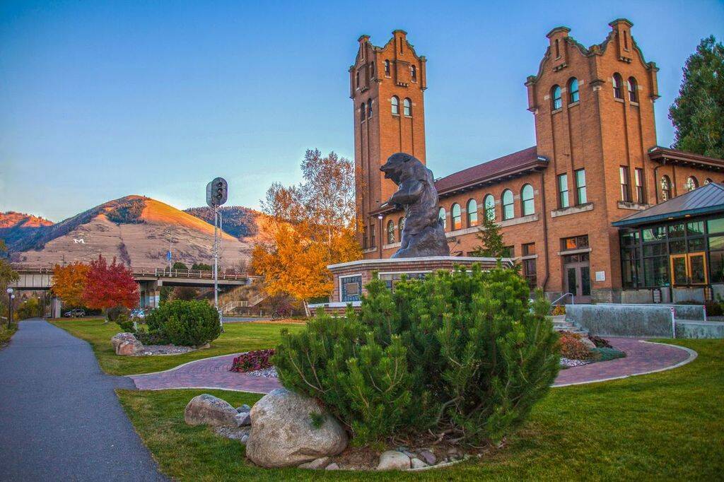 Railroad Depot with Bear Statue